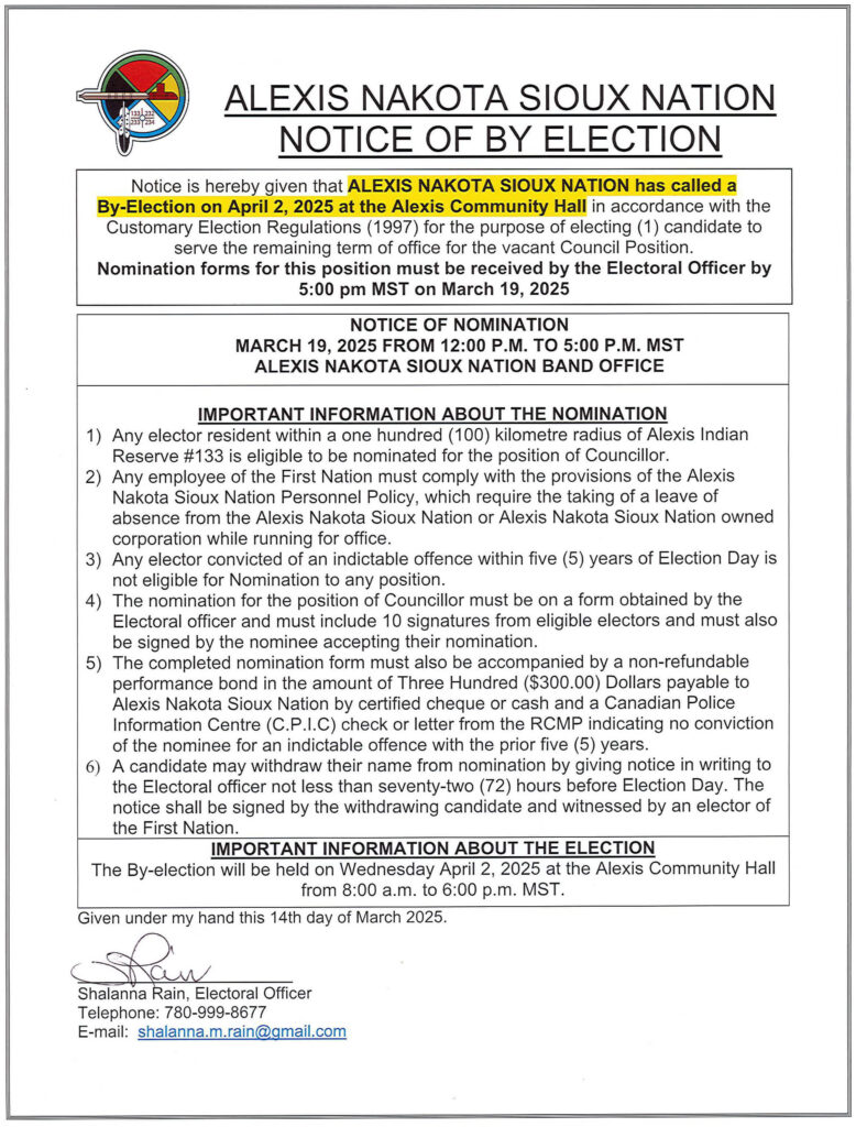 Notice of By Election - Alexis Nakota Sioux Nation